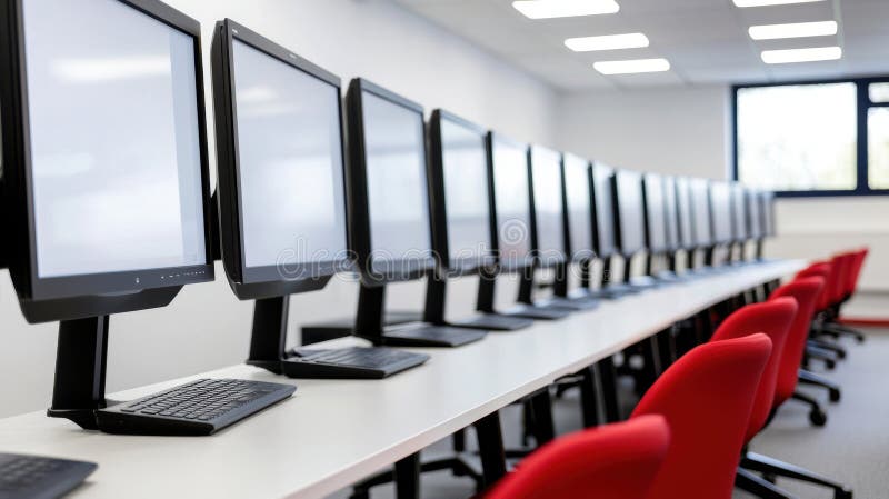 Modern Computer Lab, Row of Desktops Stock Illustration - Illustration ...