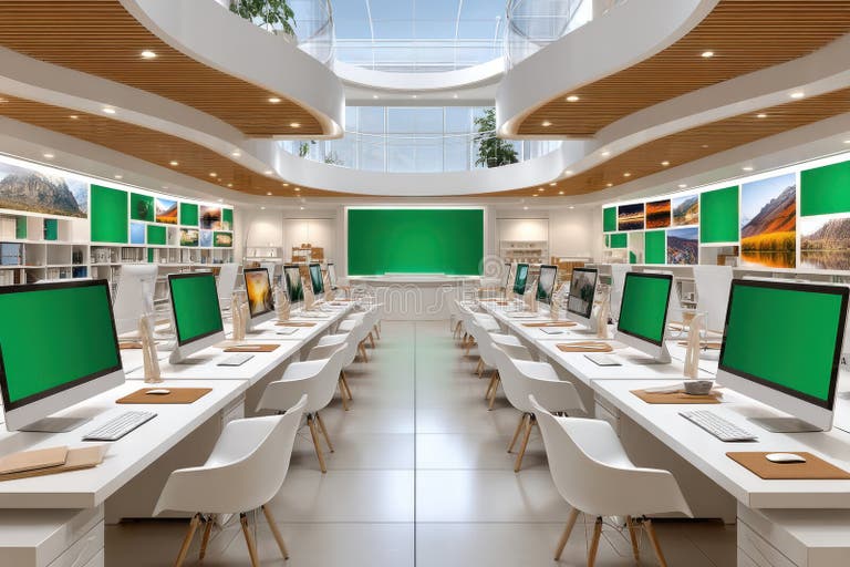 Modern Computer Lab with Rows of Monitors and Sleek Interior Design ...
