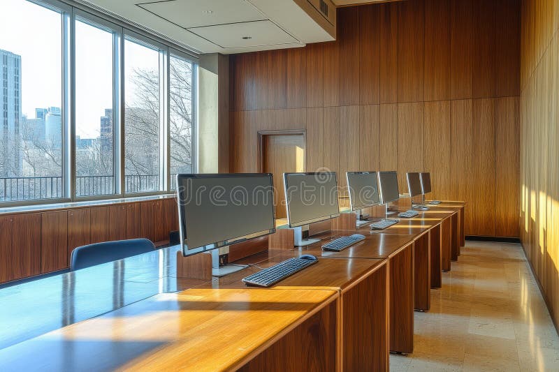 A Modern Computer Lab with Workstations and Expansive City Views ...