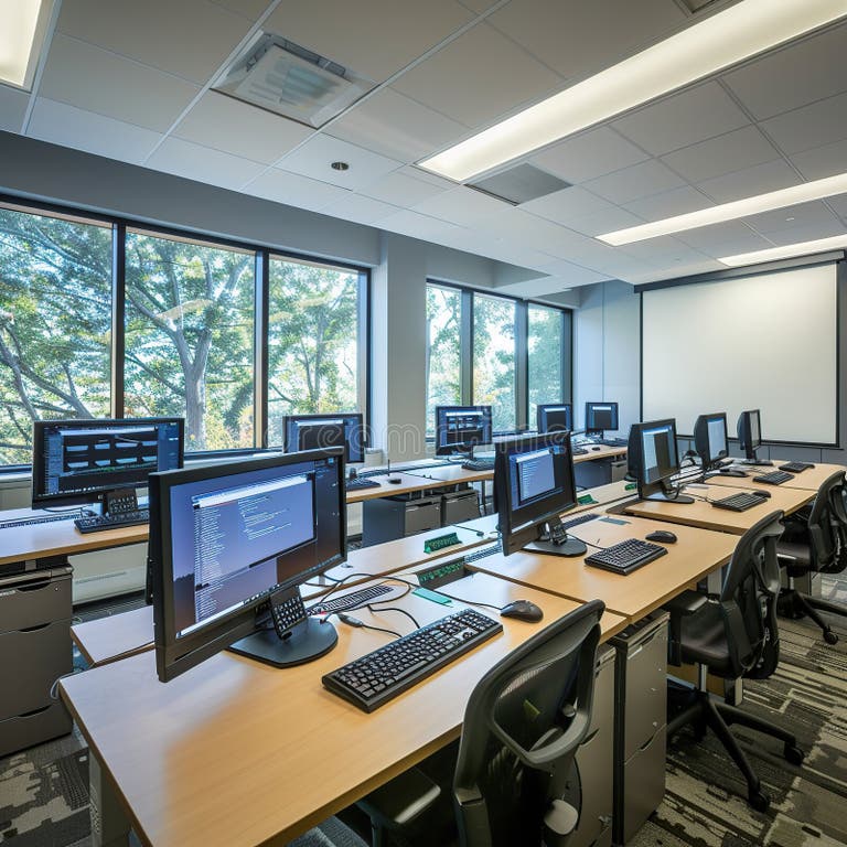 Modern Computer Lab with Workstations, Large Windows, and Projector Screen Stock Image - Image ...