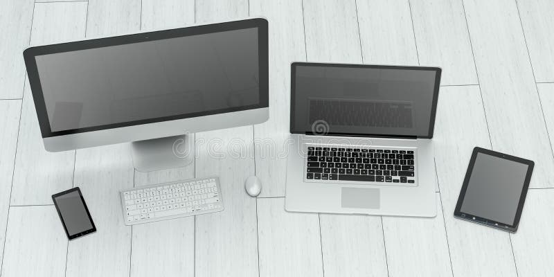 Modern Computer Laptop Mobile Phone and Tablet 3D Rendering Stock ...
