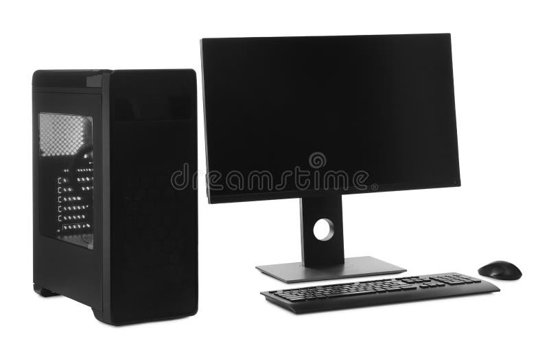 Modern Computer Monitor with Black Screen, System Unit, Keyboard and ... Modern Computer Monitor with Black Screen, System Unit, Keyboard and ...