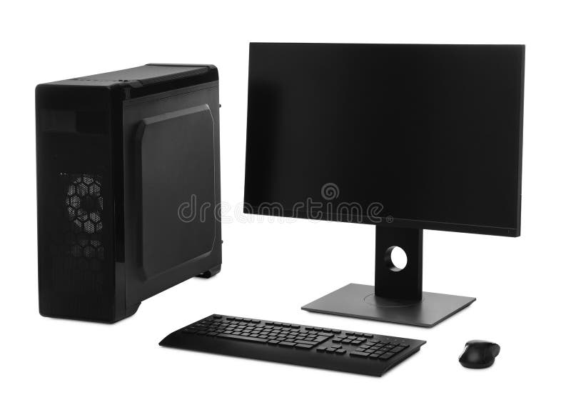 Modern Computer Monitor with Black Screen, System Unit, Keyboard and ... Modern Computer Monitor with Black Screen, System Unit, Keyboard and ...