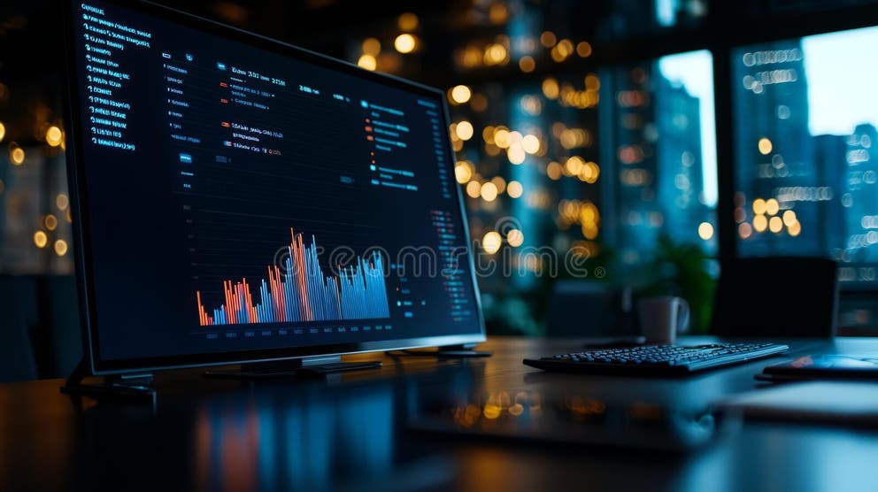 Modern Computer Monitor on Desk Displaying Analytical Data with ...