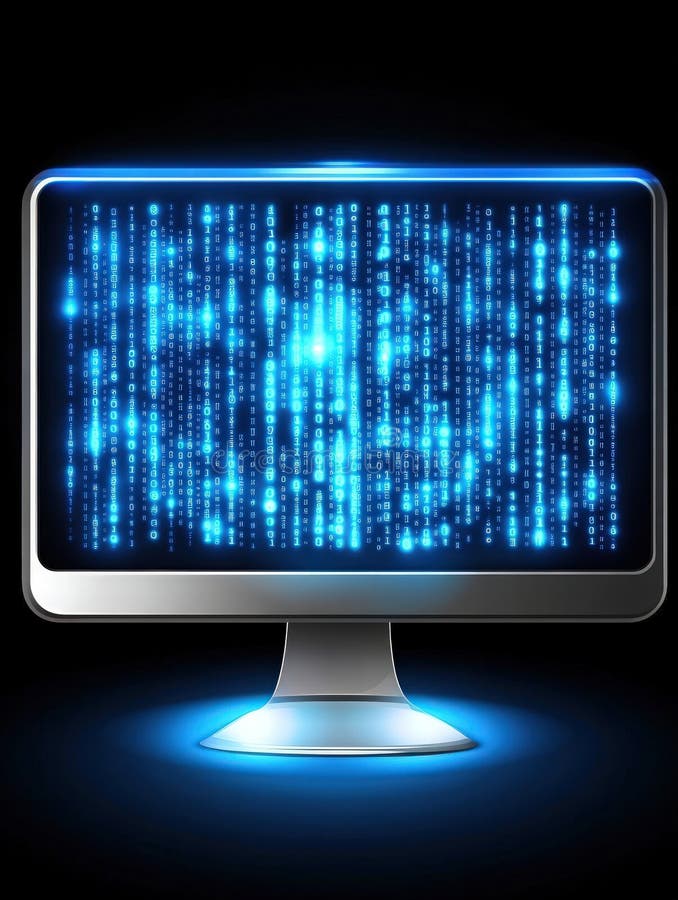 Modern Computer Monitor Displaying Blue Binary Code on the Screen Stock Illustration ...