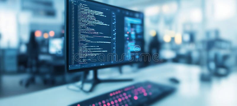 Modern Computer Monitor Displaying Programming Code on Screen in a ... Modern Computer Monitor Displaying Programming Code on Screen in a ...
