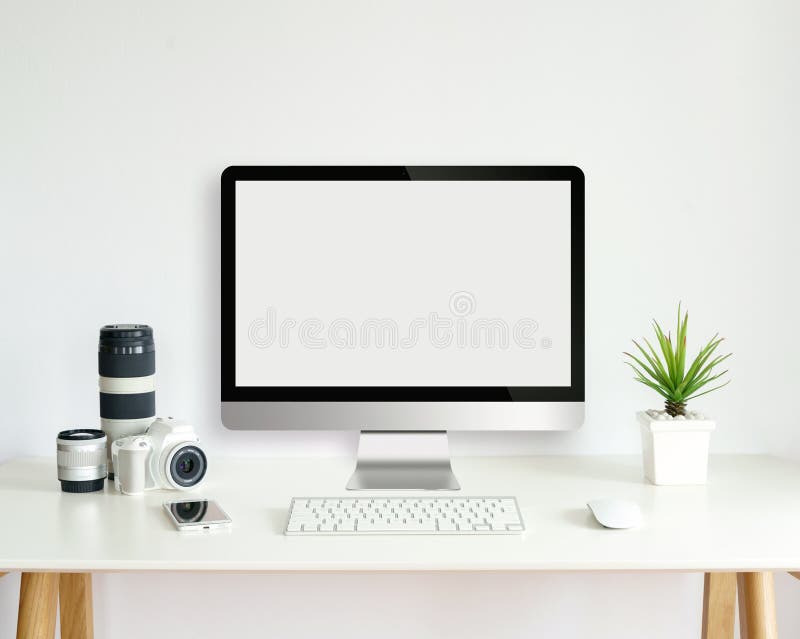 Modern Computer Monitor Template Mock Up on White Work Desk Stock Image ...