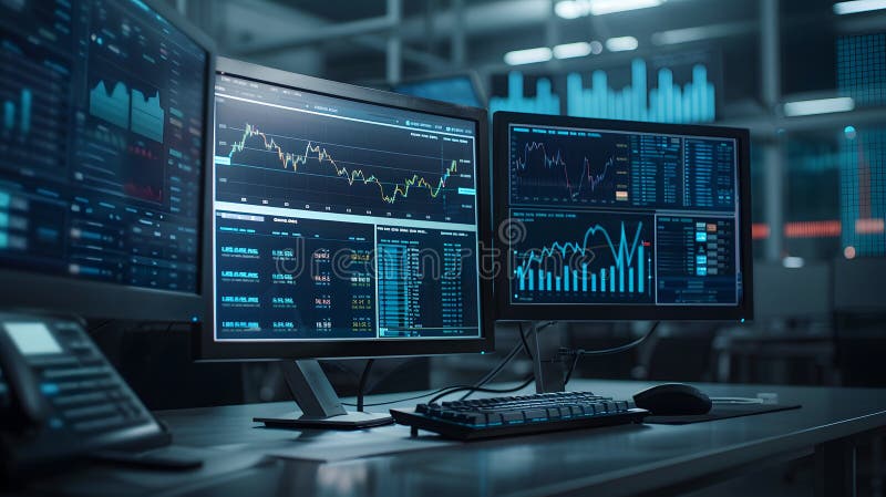 Modern Computer Monitors with Stock Market Data on the Screens, Crypto ...