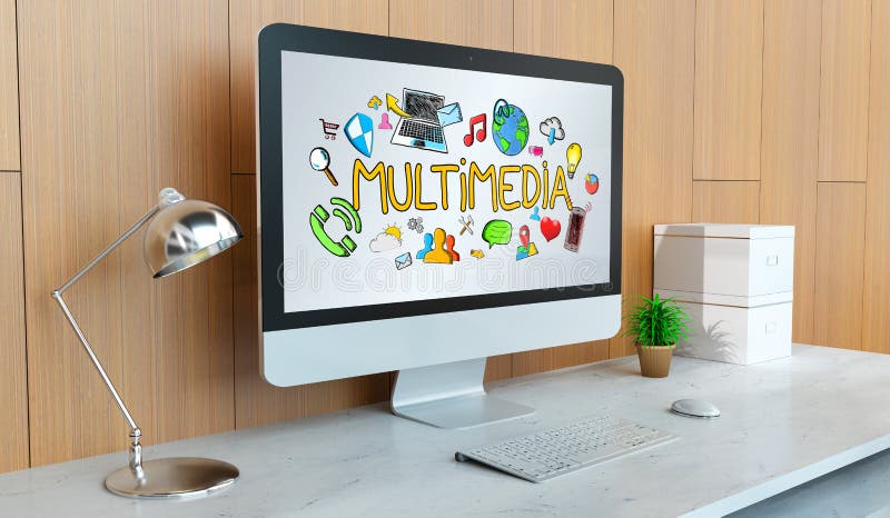 Modern Computer with Multimedia Presentation 3D Rendering Stock ... Modern Computer with Multimedia Presentation 3D Rendering Stock ...