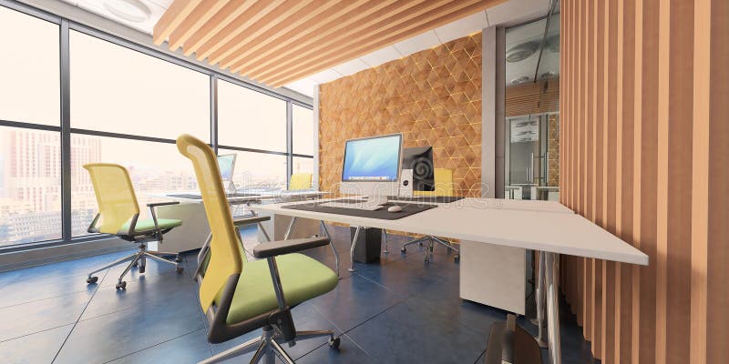 Modern Computer Office Interior with Wooden Accents and a Beautiful ...