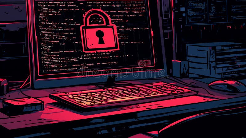 Modern Computer with a Red Lock Icon on Screen, Surrounded by Dark Code ...