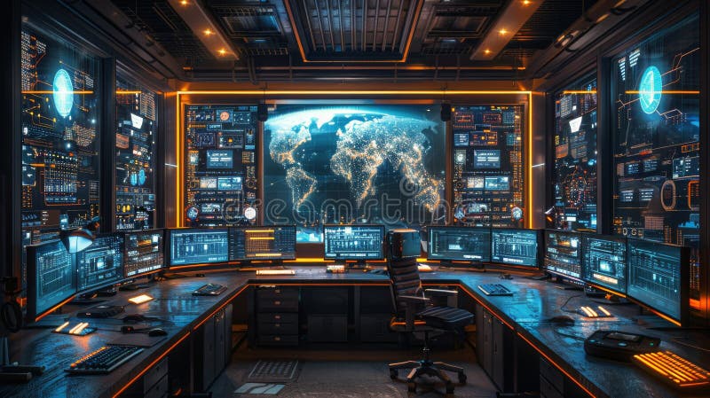 Modern Computer Room with Monitors and World Map Stock Photo - Image of ...