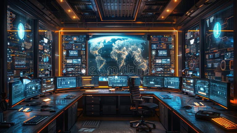Modern Computer Room with Monitors and World Map Stock Photo - Image of ...