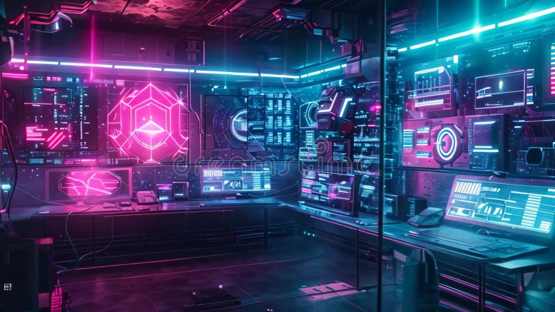 A Modern Computer Room with Neon Lights and a Futuristic Design, Depict ...