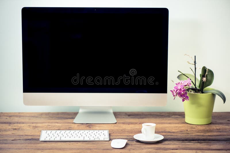 Modern Computer Screen on Desk Stock Photo - Image of view, board: 75805978