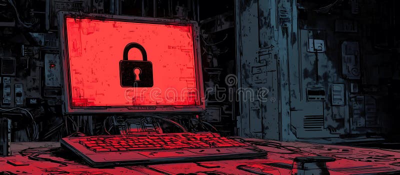 Red Lock Icon on a Modern Computer Screen in a Dark, Industrial ...