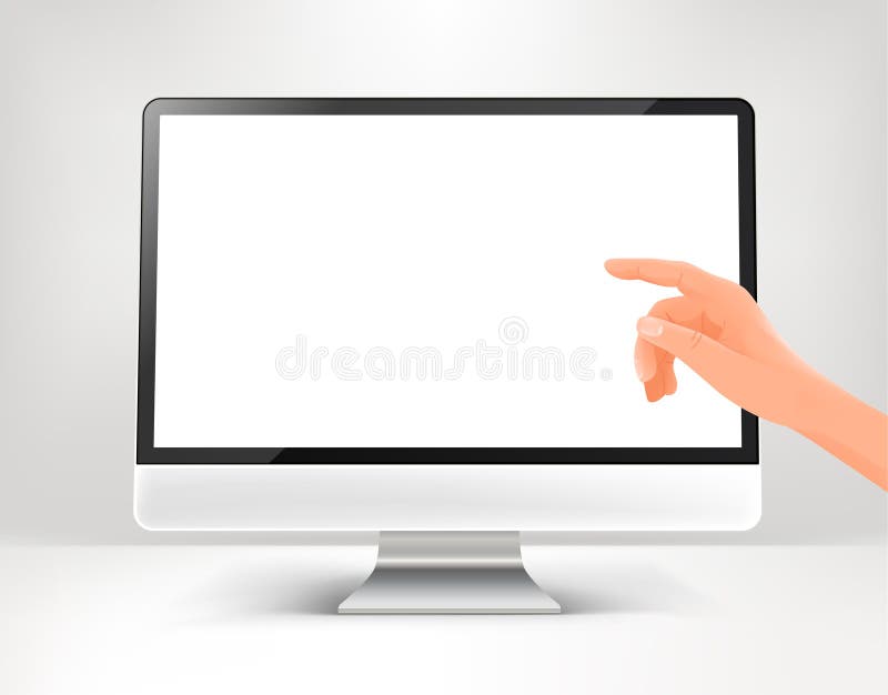 Modern Computer Screen with Hand Pointing To the Screen Stock Vector ...