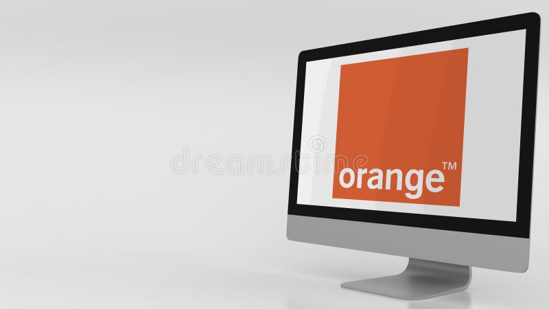Modern Computer Screen with Orange Logo. Editorial 3D Rendering ...