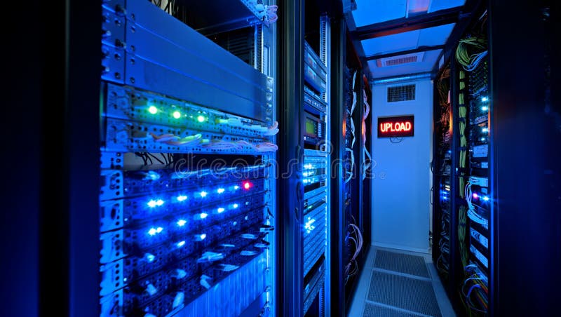 Modern Computer Server Room with Blue Lights and Equipment Racks Stock ...
