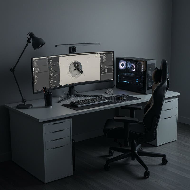 A Modern Computer Setup in a Dimly Lit Room. Features a Large Curved ...