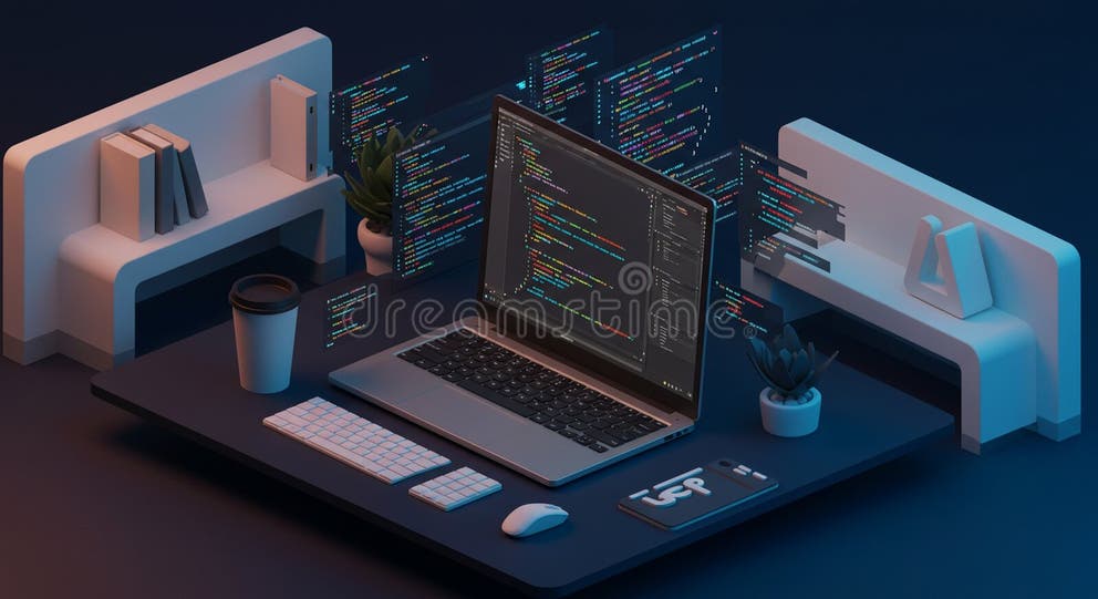 Modern Computer Setup Featuring a Laptop Displaying Code with Colorful ...
