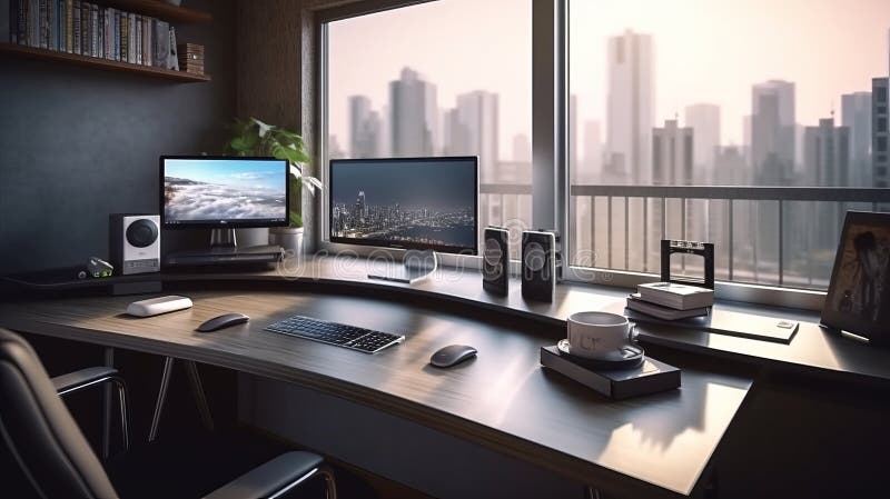 Modern Computer on Table in Office Interior. Generative AI Stock ...