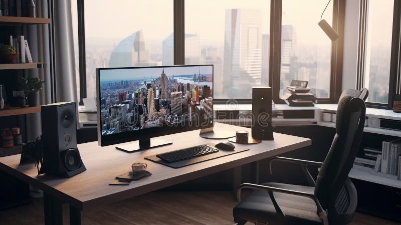 Modern Computer on Table in Office Interior. Generative AI Stock ...