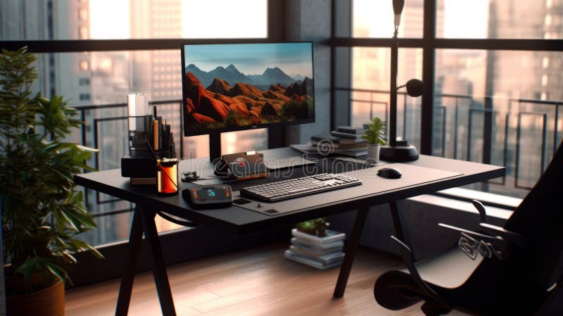 Modern Computer on Table in Office Interior. Generative AI Stock ...