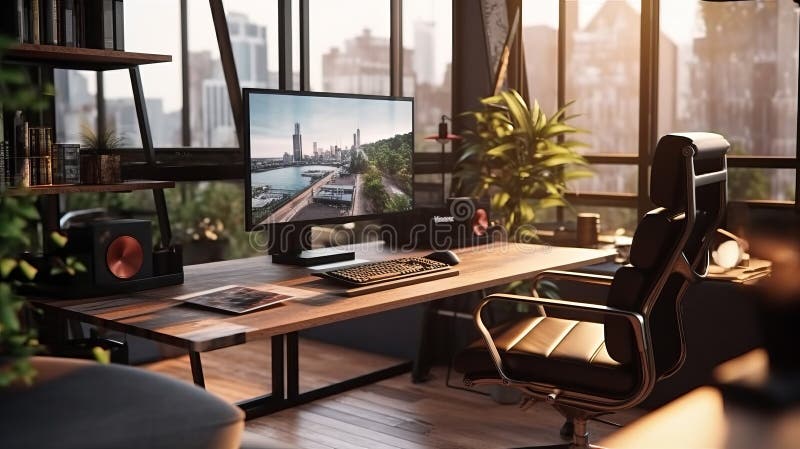 Modern Computer on Table in Office Interior. Generative AI Stock ...