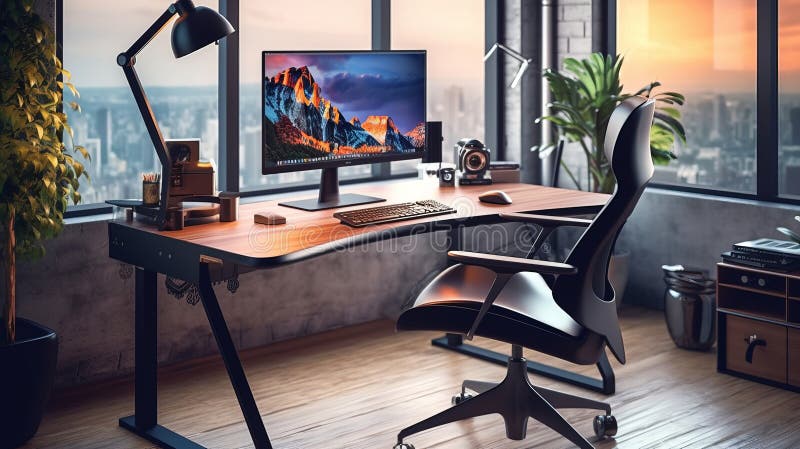 Modern Computer on Table in Office Interior. Generative AI Stock ...