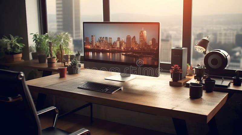 Modern Computer on Table in Office Interior. Generative AI Stock ...