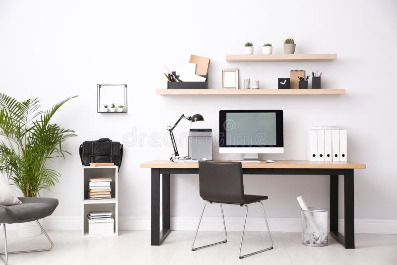 Modern Computer on Table in Office . Stylish Workplace Stock Photo ...