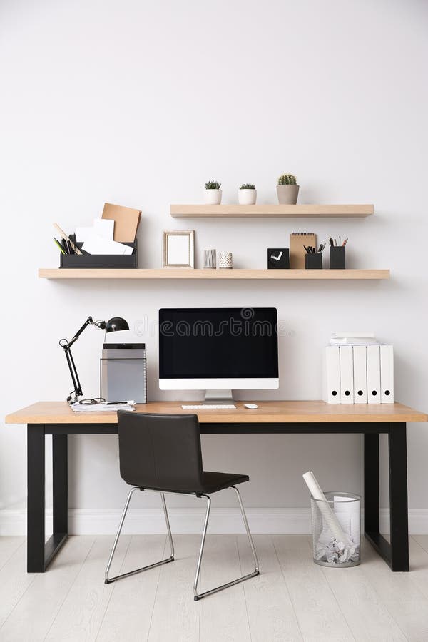 Modern Computer on Table in Office. Stylish Workplace Stock Image ...