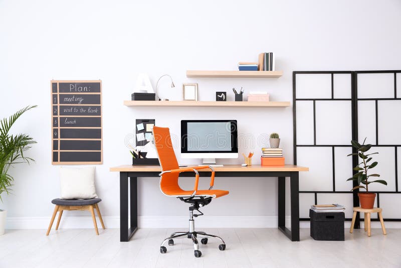 Modern Computer on Table in Office. Stylish Workplace Stock Image ...
