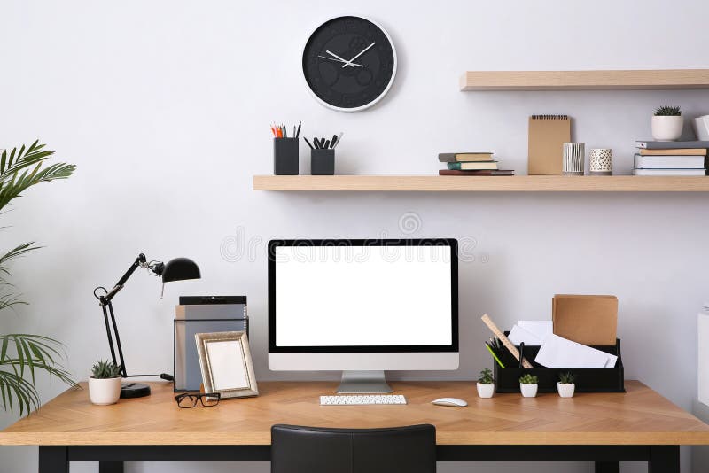 Modern Computer on Table in Office. Stylish Workplace Stock Photo ...