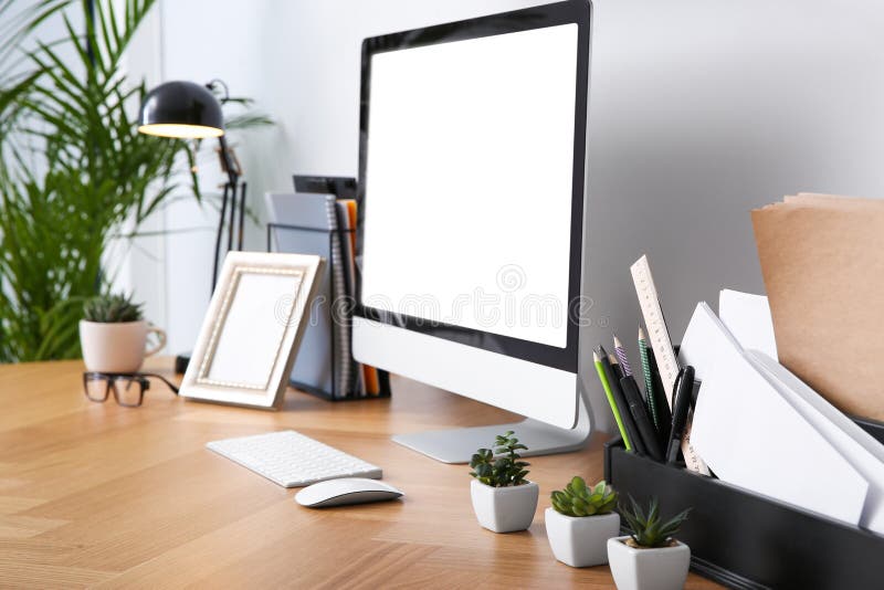 Modern Computer on Table. Stylish Workplace Interior Stock Image ...