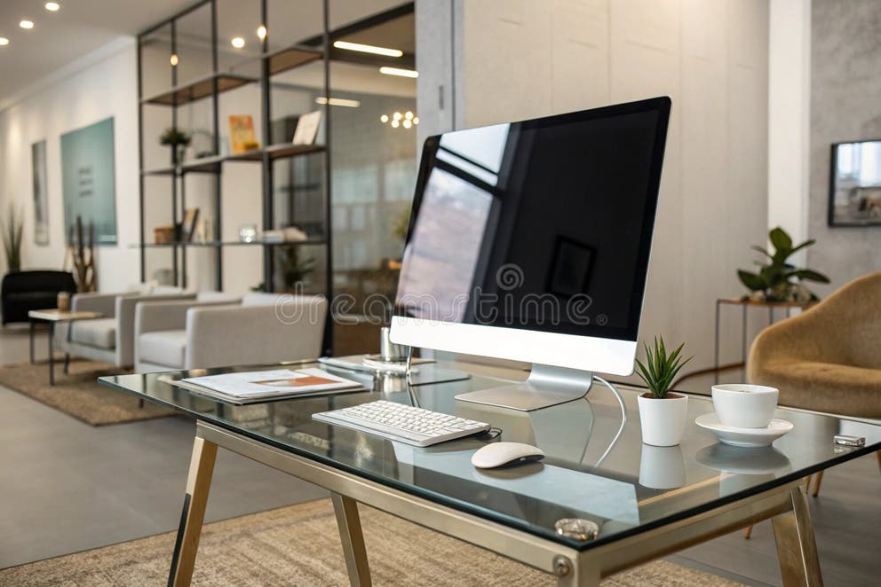 Modern Computer on Table in Stylish Office Interior Stock Illustration ...