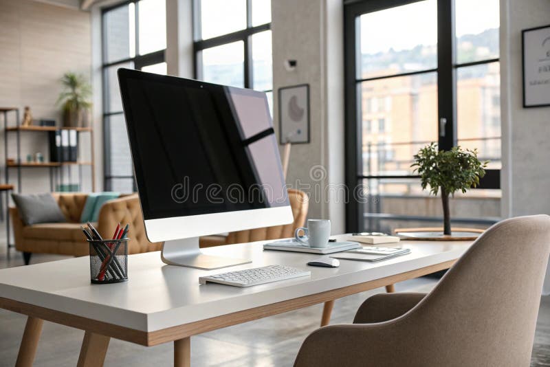 Modern Computer on Table in Stylish Office Interior Stock Illustration ...