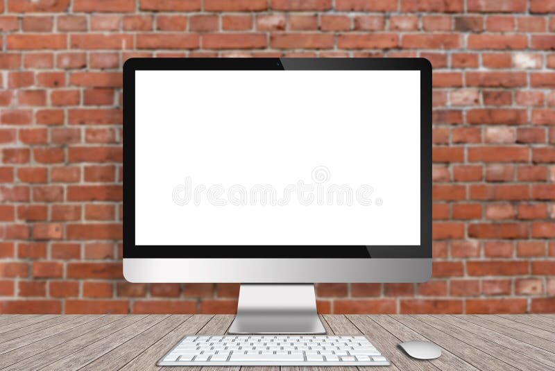 Modern Computer Monitor on the Wood Table with White Bricks Wall Stock ...
