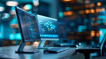 Modern Computer Workspace Featuring Dual Monitors Displaying Data Analysis and Coding in a High ...