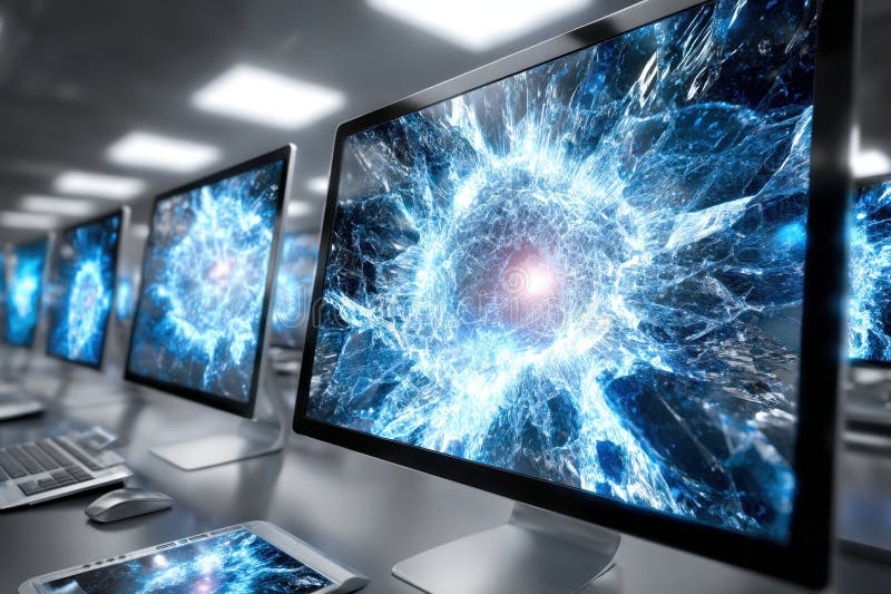 Modern Computer Workstation Featuring Dynamic Digital Artwork in a Well ...