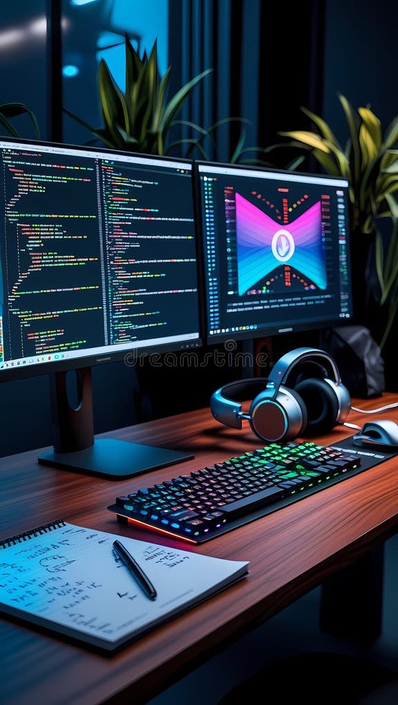 Modern Computer Workstation with Two Monitors. the Left Monitor ...