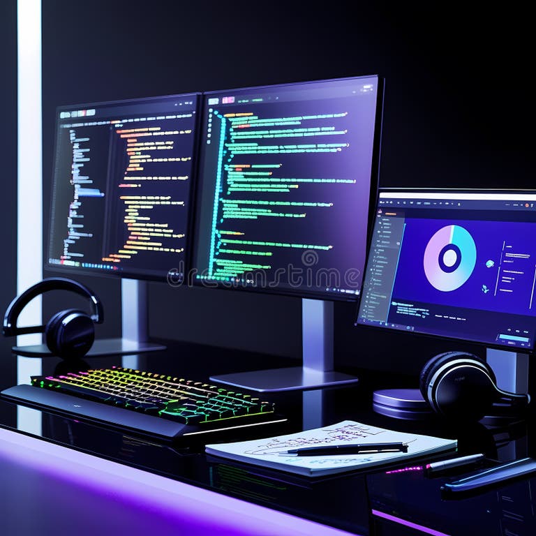 Modern Computer Workstation with Two Monitors. the Left Monitor Displays Complex Code with ...