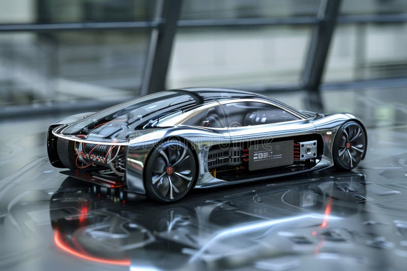 A Modern Concept Car is Showcased on a Reflective Glass Surface ...