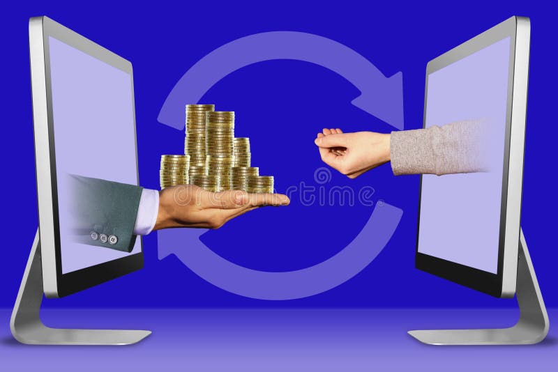 Modern Concept, Two Hands from Computers. Pile of Coins and Pleading ...