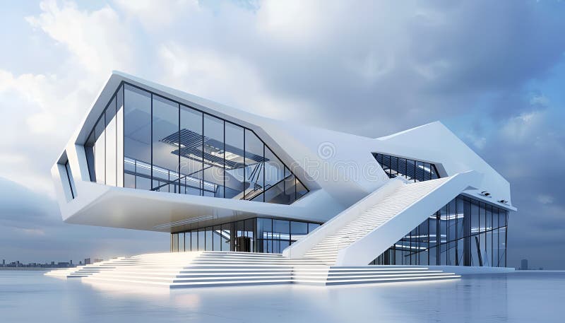 Modern Conceptual High Tech Building with Abstract Roof and Stairs ...