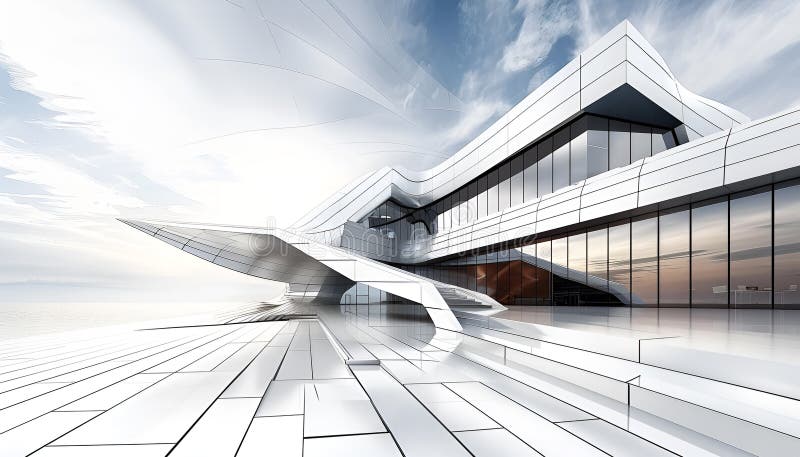 Modern Conceptual High Tech Building with Abstract Roof and Stairs ...