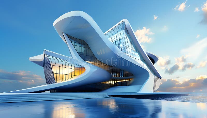 Modern Conceptual High Tech Building with Abstract Roof and Stairs ...