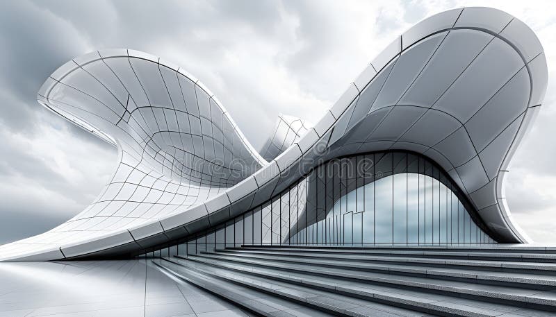 Modern Conceptual High Tech Building with Abstract Roof and Stairs ...