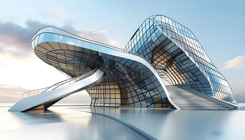 Modern Conceptual High Tech Building with Abstract Roof and Stairs ...